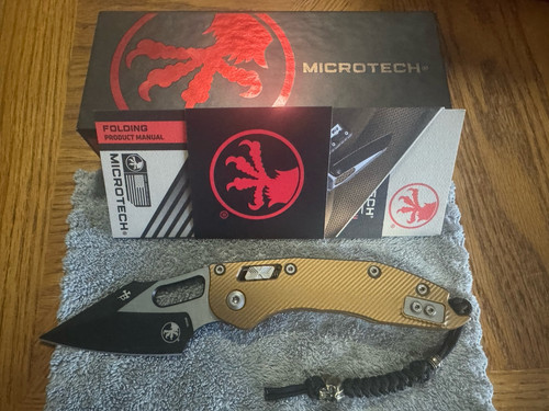 Microtech MANUAL Stitch Ram-Lok,Two Tone Blade, Tan/FDE Fluted Aluminum. | eBay