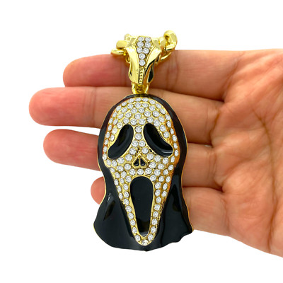 SCREAM MASK PENDANT GOLD MIAMI 10mm CUBAN LINK CHAIN NECKLACE HIPHOP ...