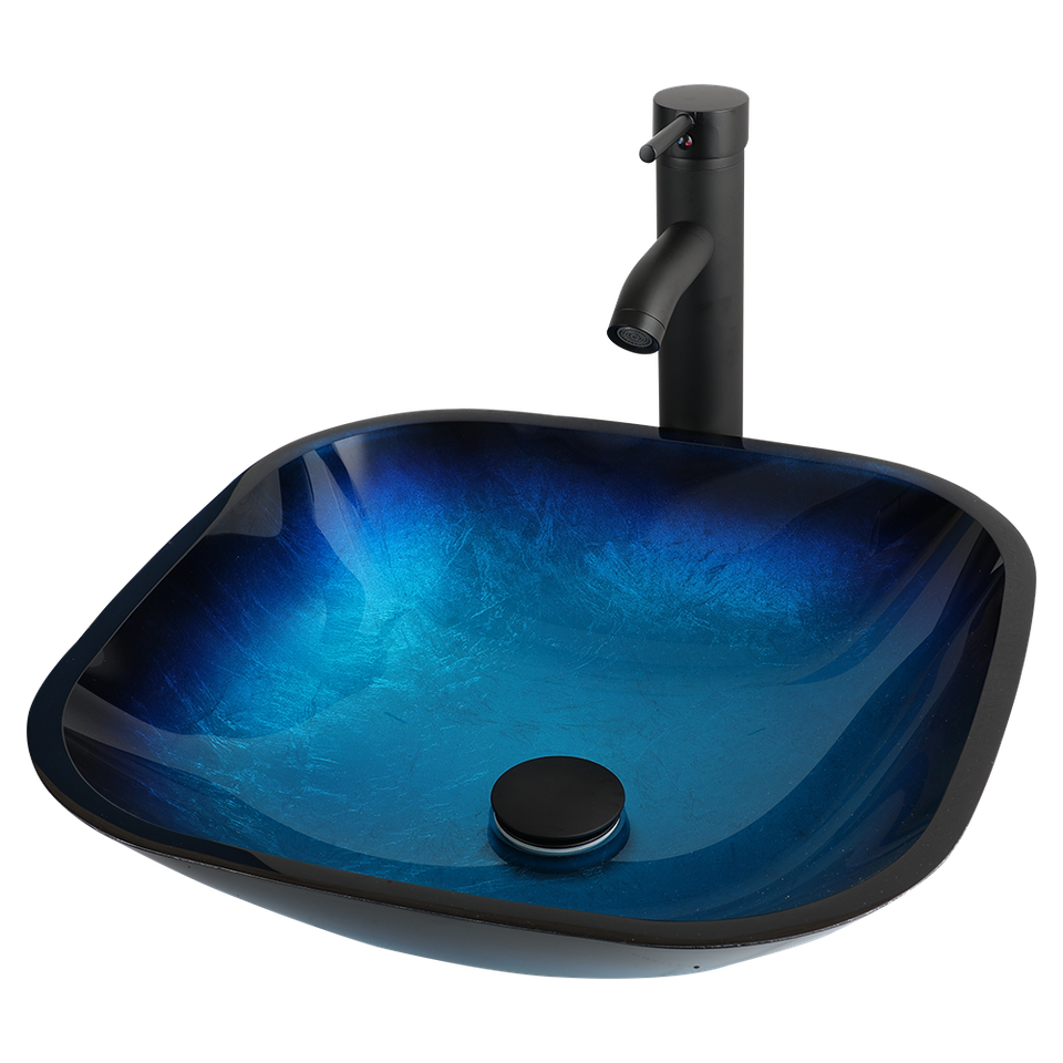 Blue Bathroom Vessel Sink 17" Square Tempered Glass Basin Mixer Black ...
