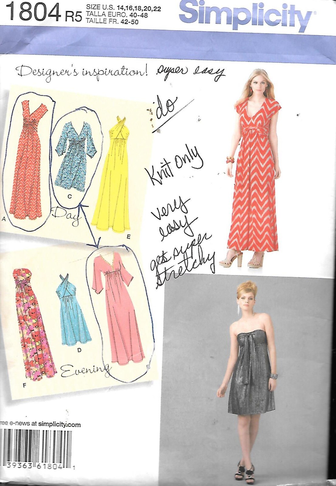 Simplicity #1804 Misses' Knit Dress Day Evening - Size 14-22 - UNCUT | eBay