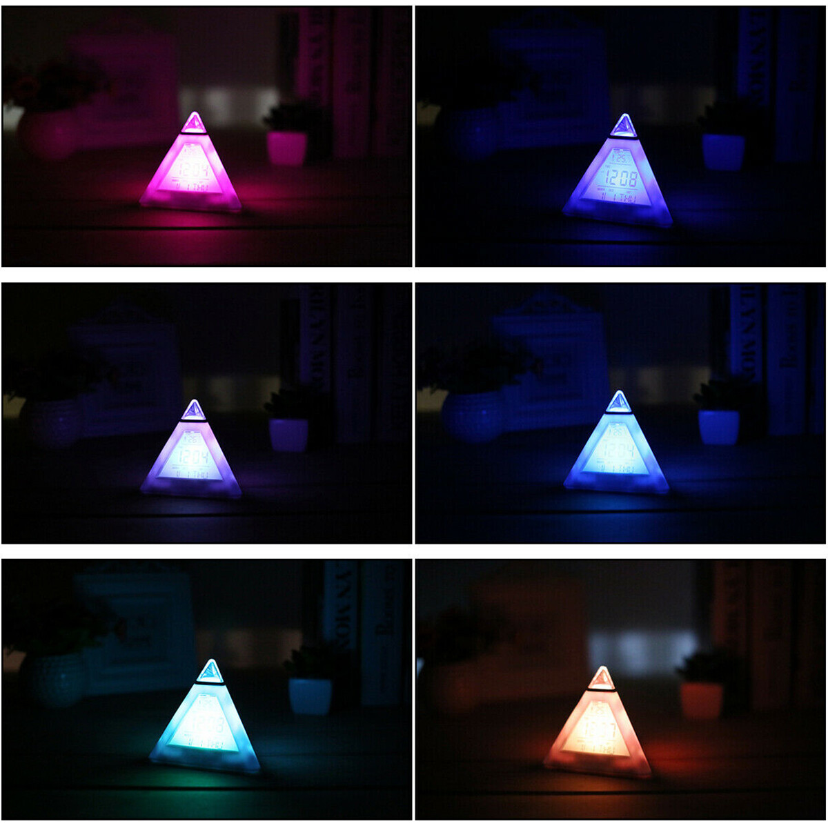 LED Digital Alarm Clock Pyramid Night Light Color Changing Desk Clock ...