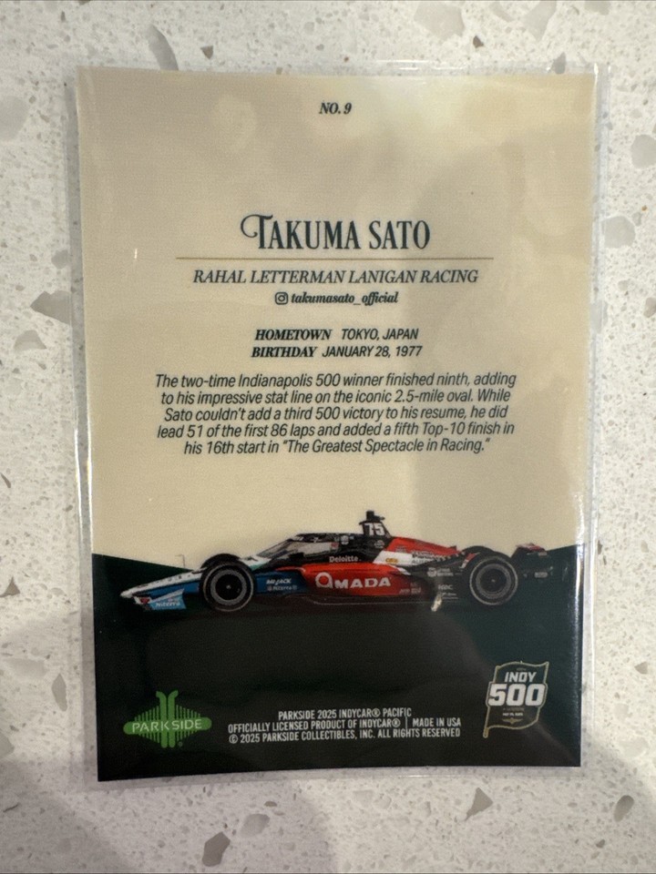 Takuma Sato 2025 Indy 500 Parkside Indycar Pacific #9 | eBay