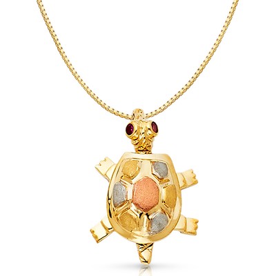 14K Tri Color Gold Turtle Charm Pendant with 0.8mm Box Chain Necklace ...