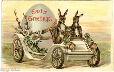 POSTCARD EASTER GREETINGS RABBITS DRIVING AUTOMOBILE 1907 | eBay