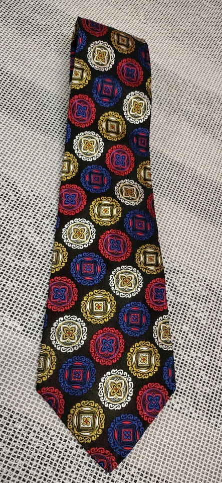 Mens Vintage 70s WIDE TIE Coins Red Gold Blue 100% Chinese Silk GOLDEN ...