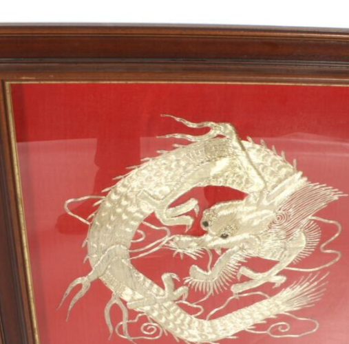 Framed Japanese Gold-Thread on Red Silk Relief Embroidery ~ 3 Claw Ryu ...