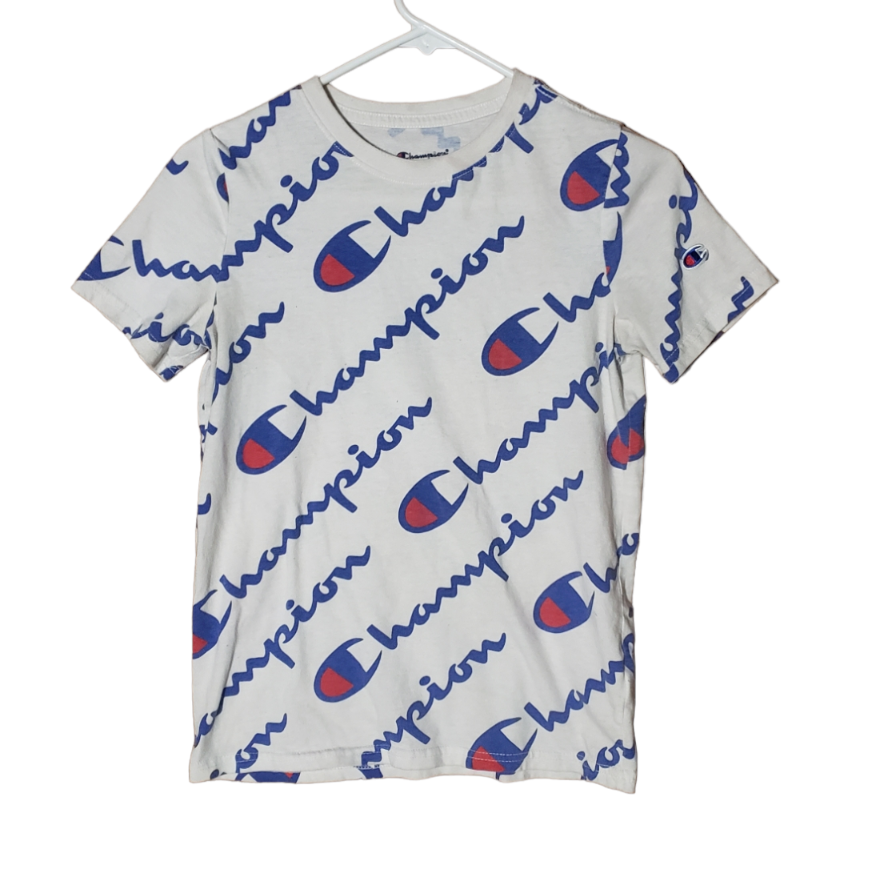 Champion All Over Print Logo Youth Shirt L White Red Blue | eBay