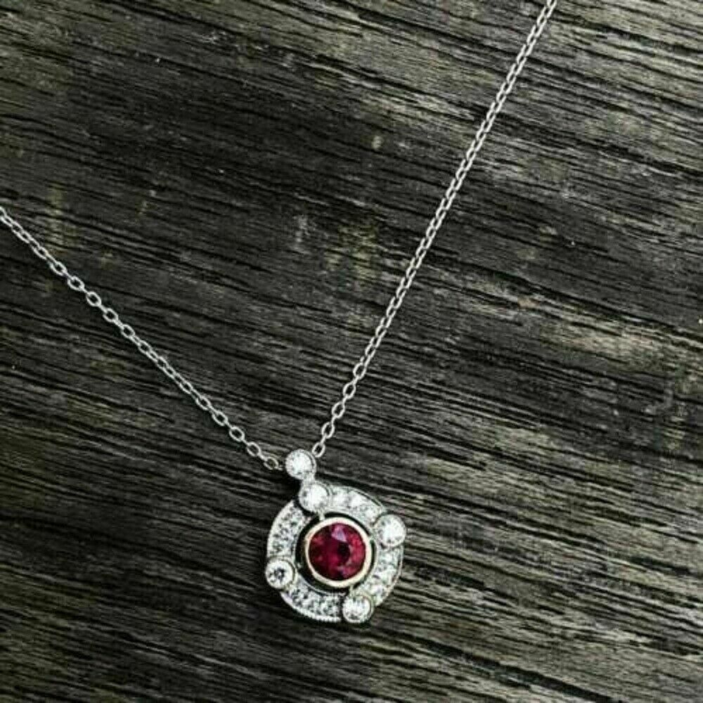 1.20Ct Round Cut Red Ruby Bezel Set Halo Pendant 14K White Gold Over ...