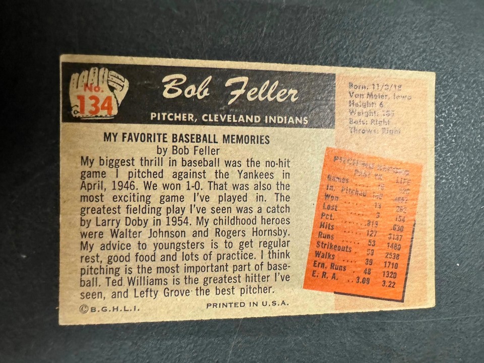Bob Feller 1955 Bowman Baseball Card #134 VG Condition Cleveland ...