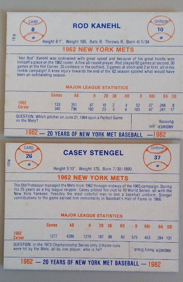 1982 RGI 20 Years of New York Mets Baseball-Singles-Pick From List ...