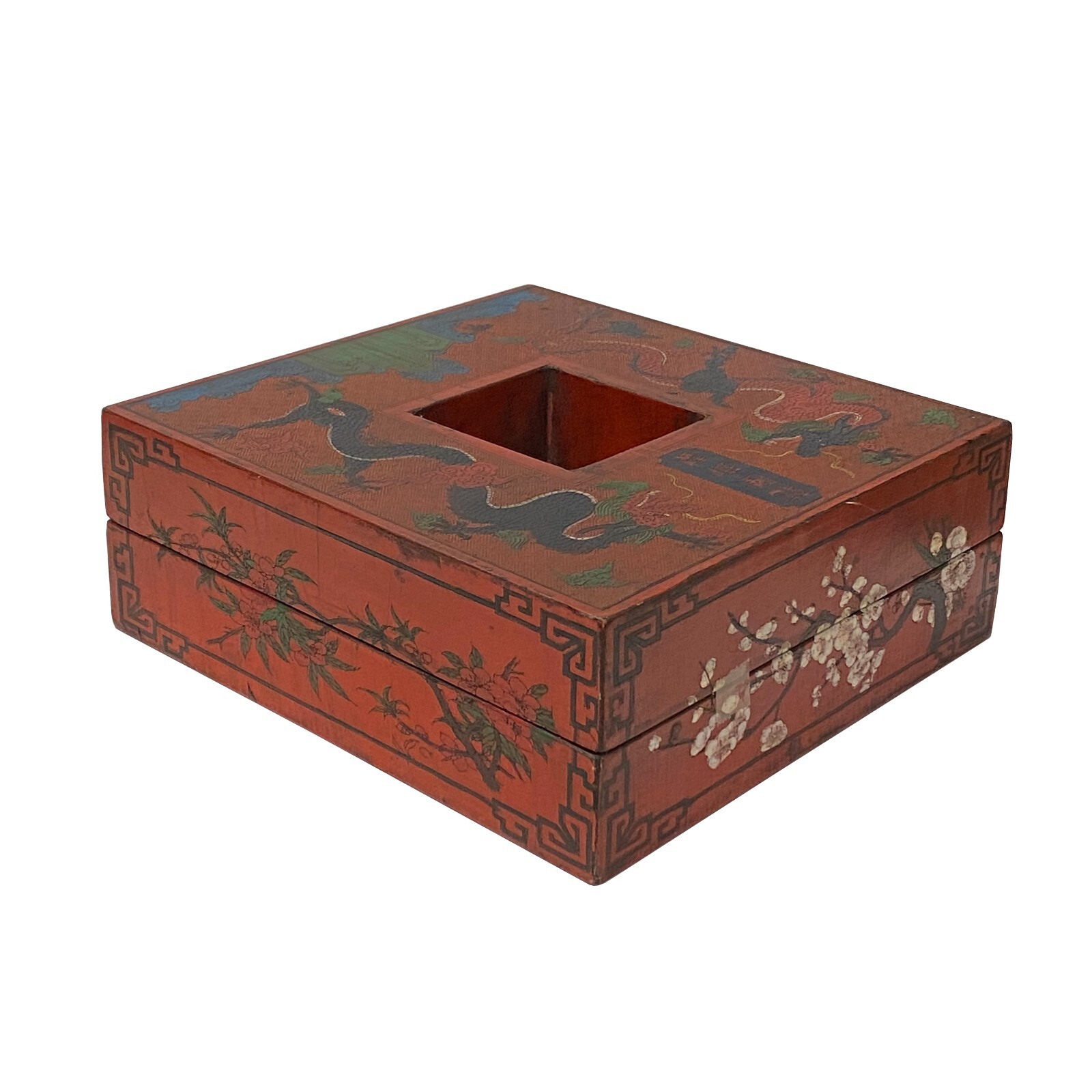 Chinese Distressed Brick Red Dragon Graphic Square Shape Box ws2292 | eBay