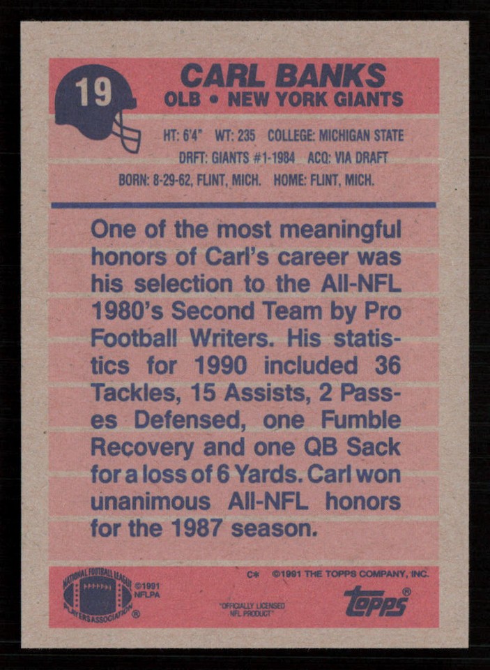 1991 Topps #19 Carl Banks New York Giants Football Card | eBay