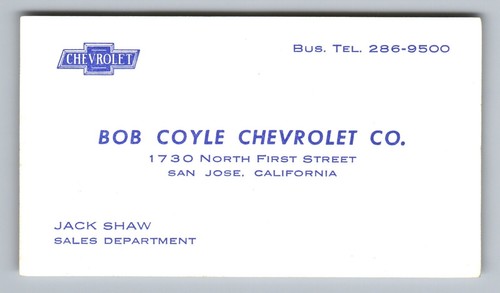C.1970 SAN JOSE, CA CHEVROLET DEALERSHIP BOB COYLE JACK SHAW BUSINESS ...