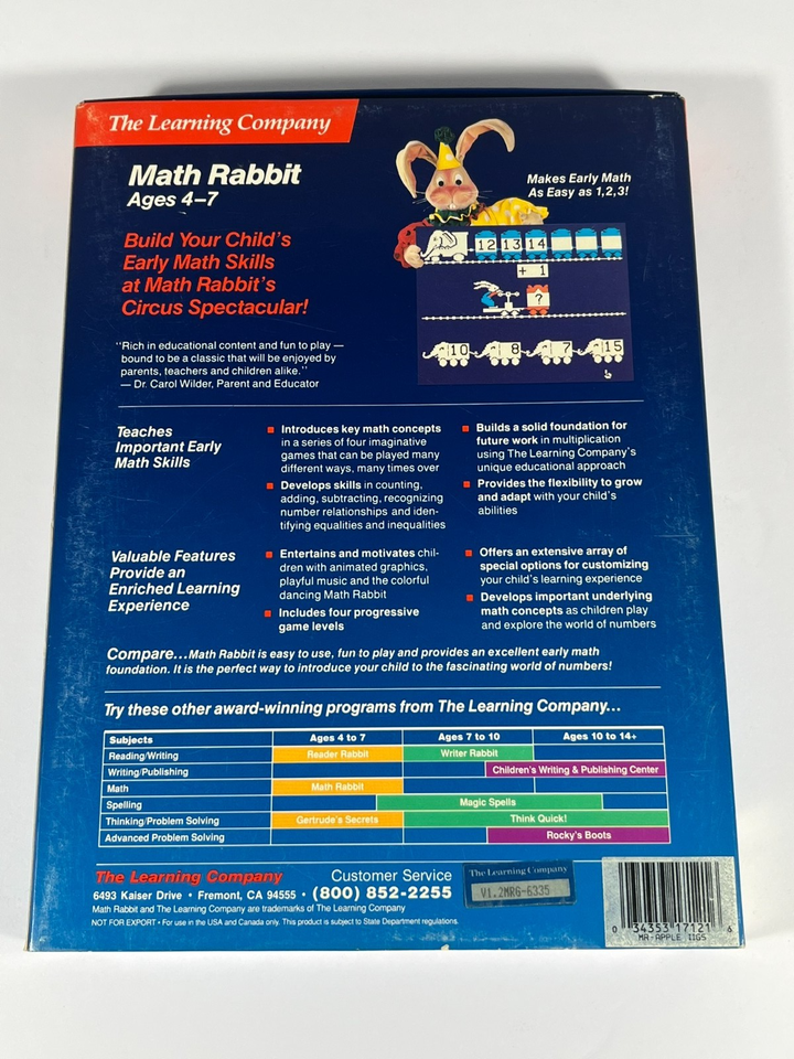 Vintage Math Rabbit, the Learning Co, Ages 4-7 Apple IIGS, 3.5 ...