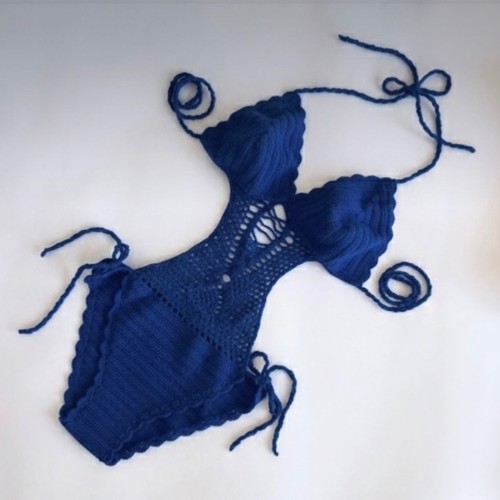 Crochet Monokini Swimsuit Size S Blue Stretch Yarn Sexy Boho One Piece ...