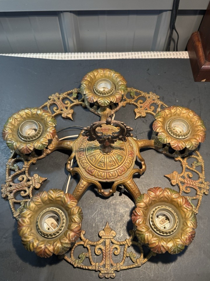 Antique Cast Iron 5 Light Ceiling Fixture Polychrome Victorian Art Deco ...