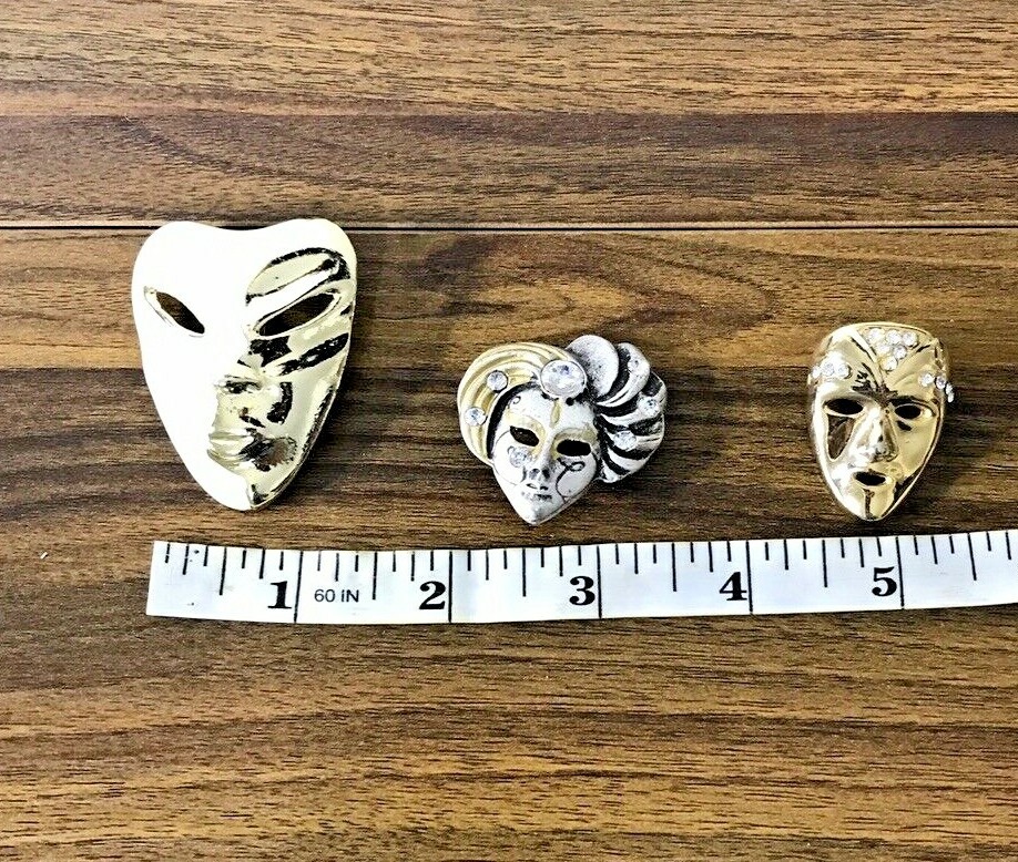 3 Vintage Comedy Tragedy Theater Face Matte Pin Brooch - Gem