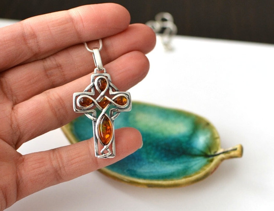 Silver Catholic cross crucifix necklace, Cross amber Necklace, jewelry ...