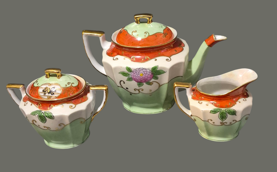 Vintage Asian Japanese Gilded Lusterware Tea Pot Creamer & Sugar Bowl ...