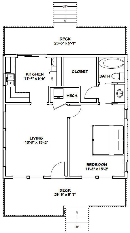 26x26 House -- 1 Bedroom 1 Bath -- 676 sq ft -- PDF Floor Plan -- Model ...