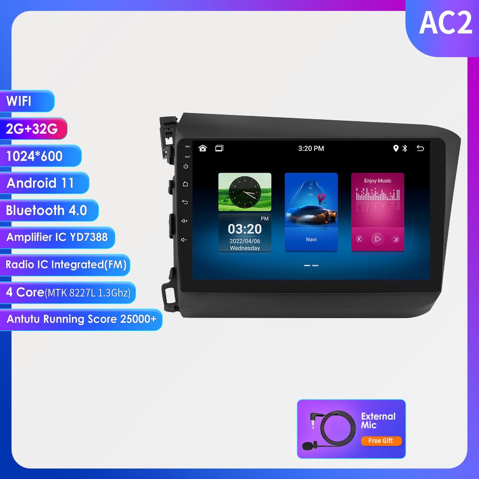 Android 12 Car GPS Navi FM Radio Stereo Player CarPlay For Honda Civic ...