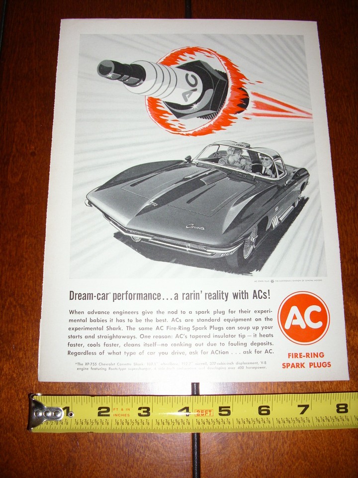 CORVETTE XP-755 CONCEPT CAR - ORIGINAL VINTAGE 1962 AD - AC SPARK PLUGS ...