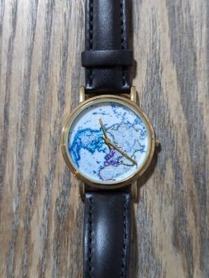 World Map Dial Round Gold Tone Case Black Leather Band Watch 7.5 Inch ...