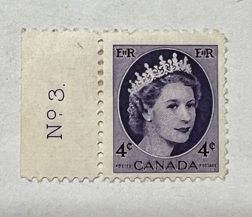 1954-1962 CANADA 4C MH OG STAMP WILDING "NO. 3" PLATE NUMBER QUEEN ...