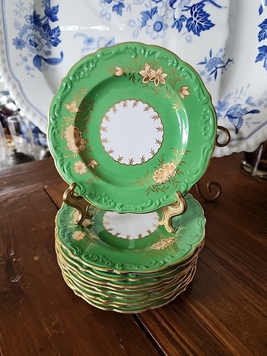 10 Antique Spode Copeland 6.5" Desert Plates Green Gold Gilded Florals ...