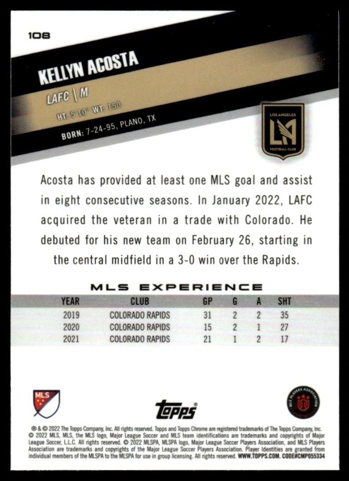 Kellyn Acosta 2022 Topps Chrome MLS #108 Los Angeles FC 26614 Soccer ...