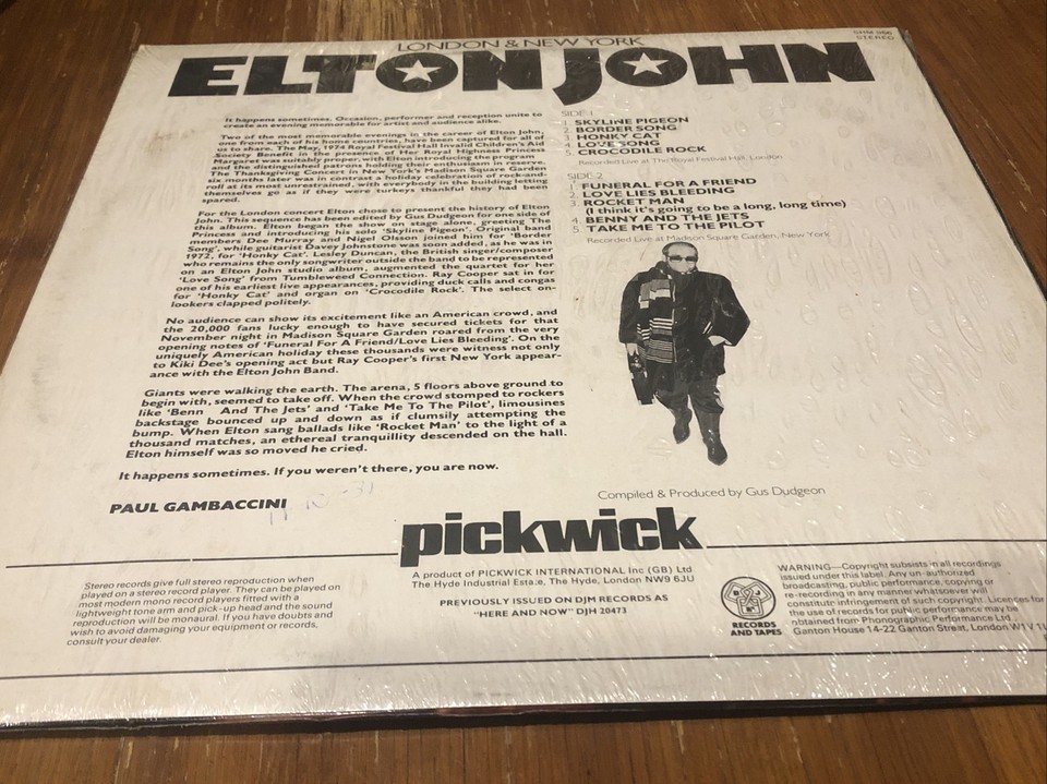 ELTON JOHN LP LONDON & NEW YORK import PICKWICK RECORDS SHM-966 Vinyl ...