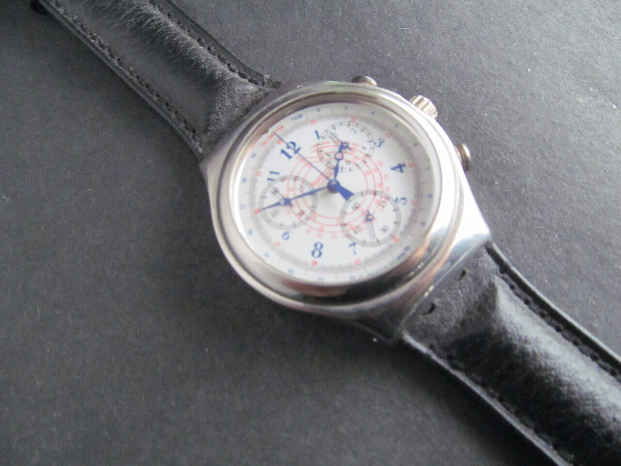 Used Swatch quartz chronograph, steel case, leather b… - Gem
