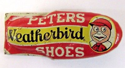 1930's PETERS WEATHERBIRD SHOES yellow advertising tin clicker premium ...