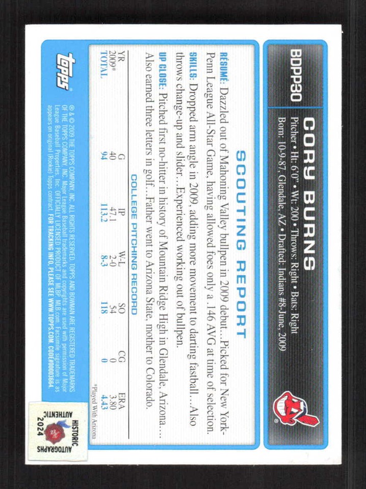 Cory Burns 2009 Bowman Draft Picks & Prospects Auto Cleveland Indians # ...