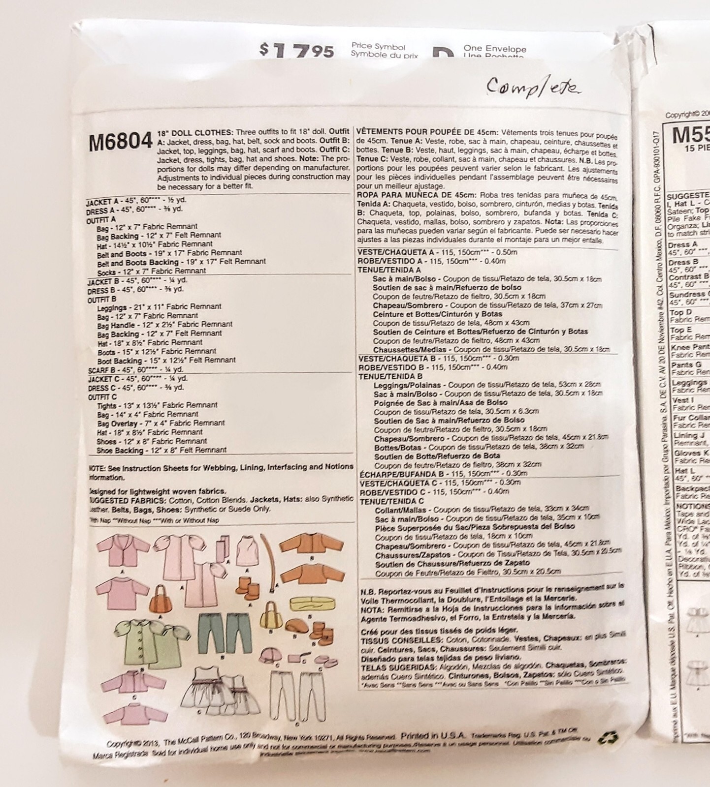 Lot of 3 McCalls Crafts 18"doll Clothes Accessories patterns M6804 ...