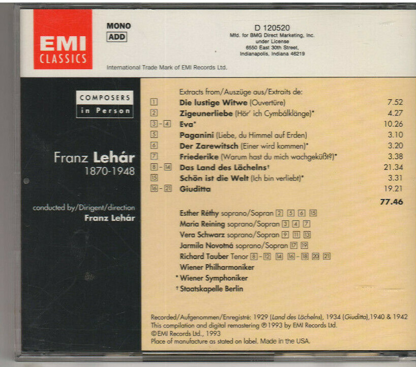 COMPOSER IN PERSON FRANZ LEHAR (CD, 1993, EMI) | eBay