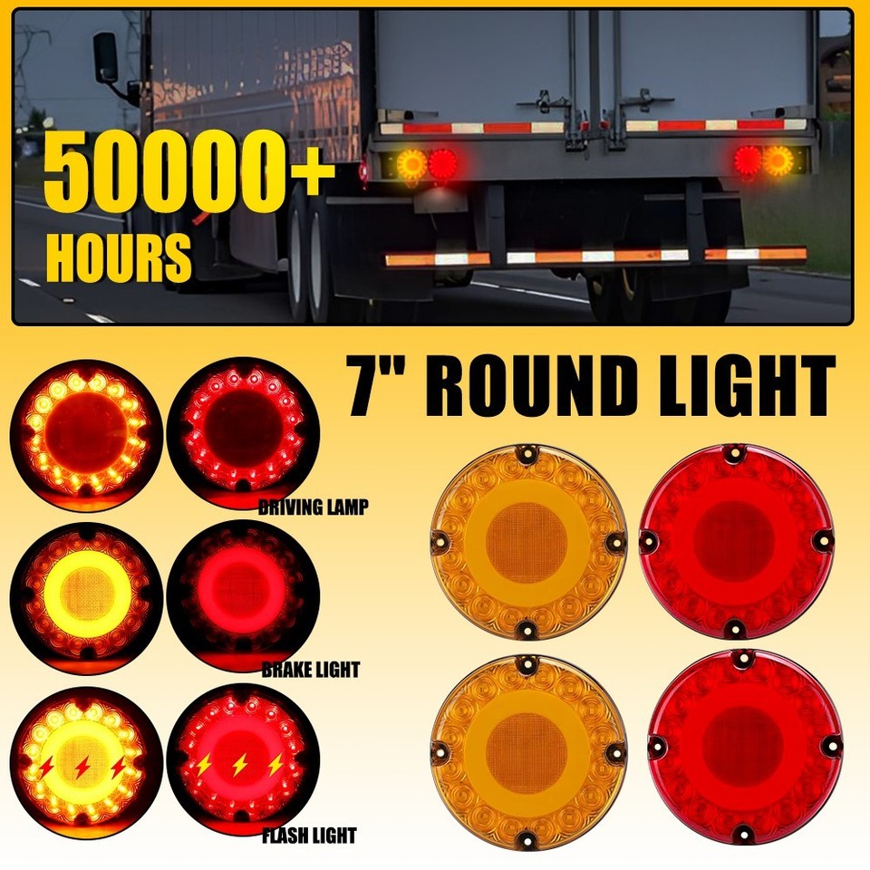 4x Red/Amber 7inch Round LED Trailer Truck Bus Tail Light Stop Turn ...