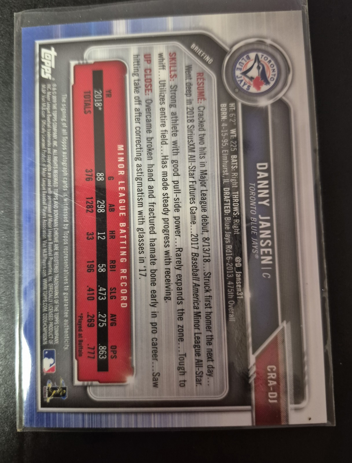 2019 Bowman Chrome Danny Jansen Rookie Card Autographed Green Parallel ...