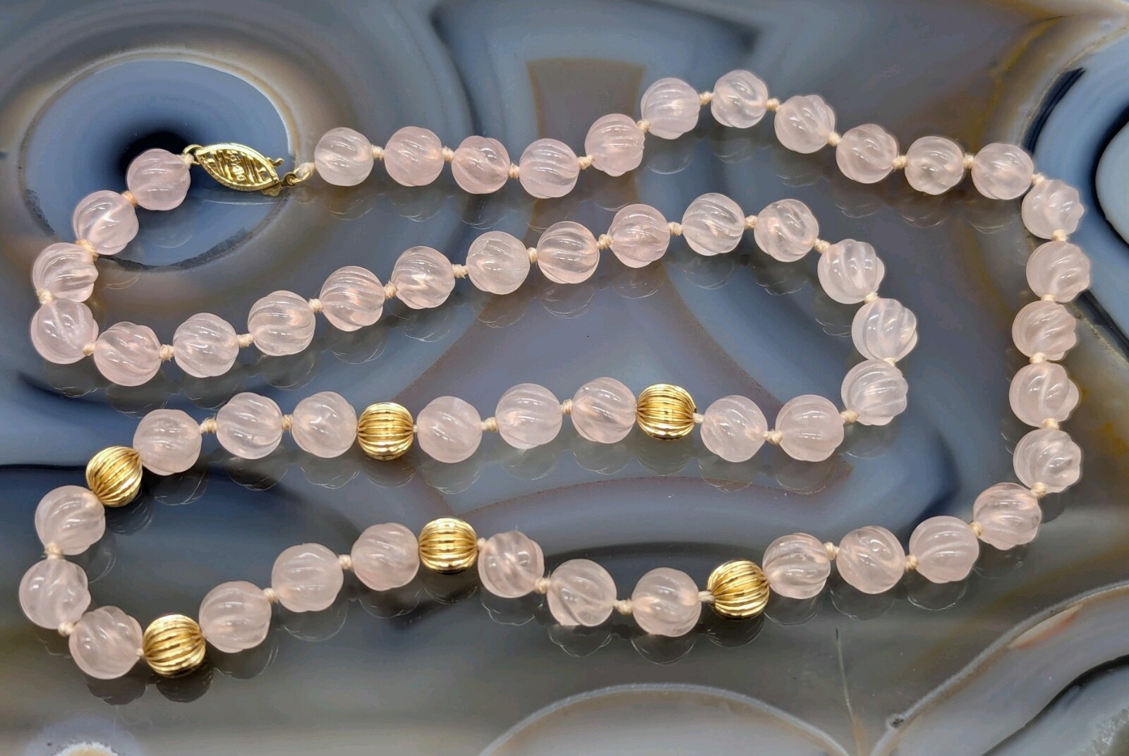 Vtg. 22" Natural Rose Quartz Fancy Bead Necklace 14K … - Gem