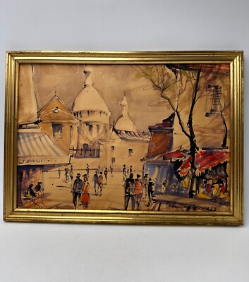 Tableau aquarelle et encre de Louis TELLIER 1959 " LE SACRÉ COEUR ...