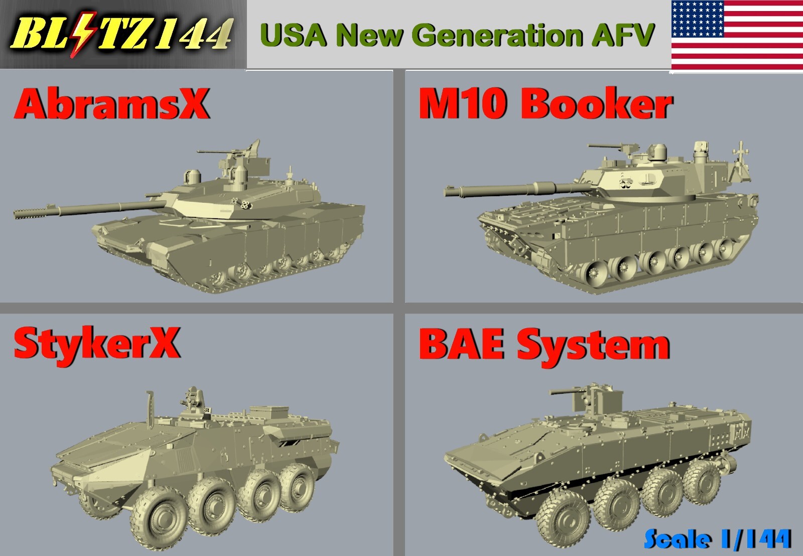 Blitz144 1/144 USA Abrams-X MBT, MPF Tank, BAE ACV, Stryker-X IFV Resin ...