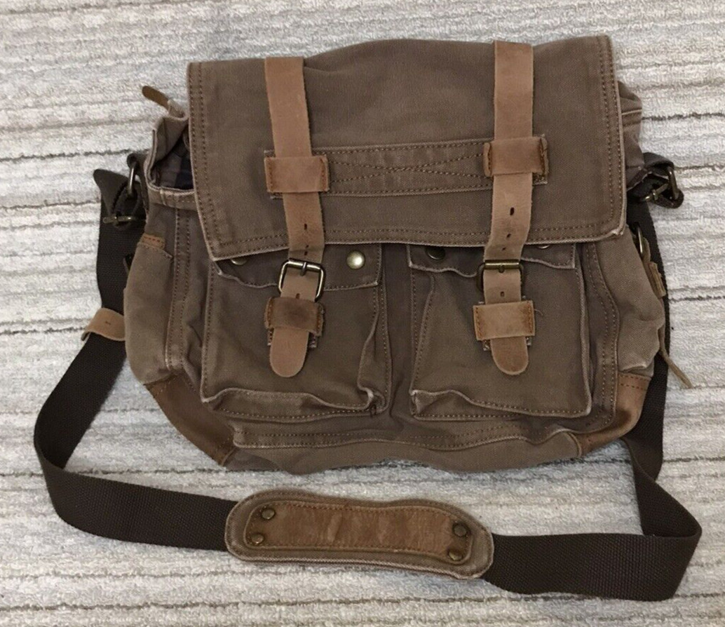 Augur Strauss & Co Messenger Bag Brown Canvas With Le… - Gem