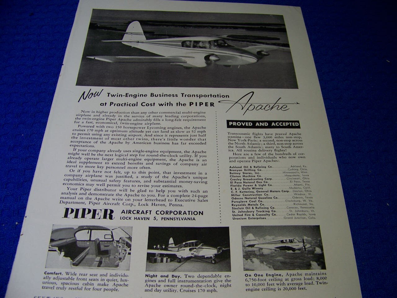 1955 PIPER APACHE "TWIN ENGINE BUSINESS.."..1-PAGE ORIGINAL SALES AD ...