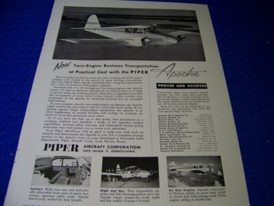 1955 PIPER APACHE "TWIN ENGINE BUSINESS.."..1-PAGE ORIGINAL SALES AD ...