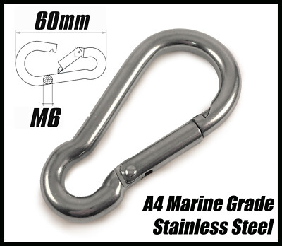 M6 x 60mm Spring Hook Marine Grade A4 Stainless Steel Carabiner Snap ...