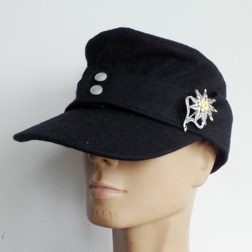 Black Wool WW2 German M43 Panzer Field Cap Hat & Edelweiss Badge Pin ...