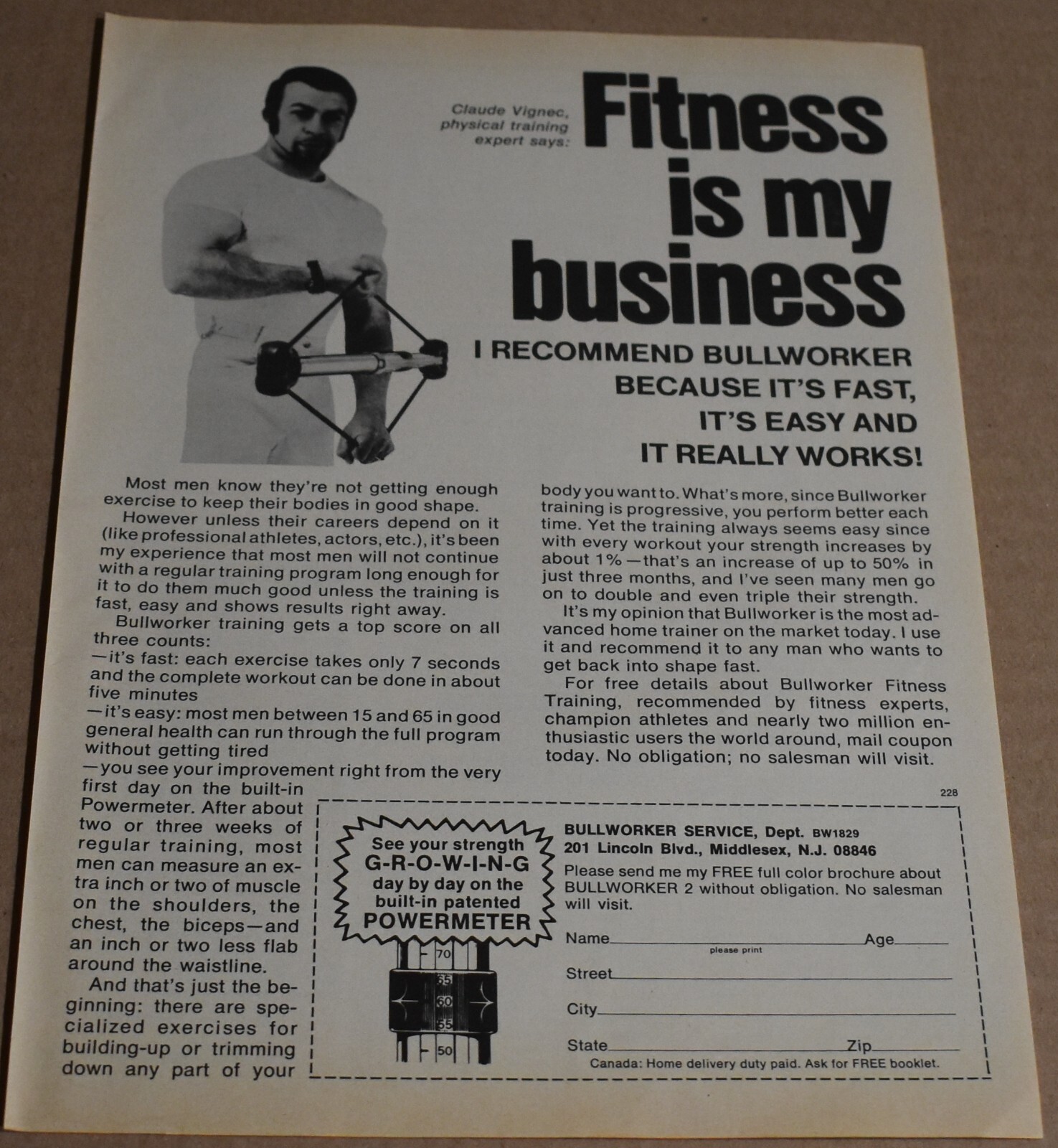 1975 Print Ad Claude Vignec Physical Training Expert Bullworker ...