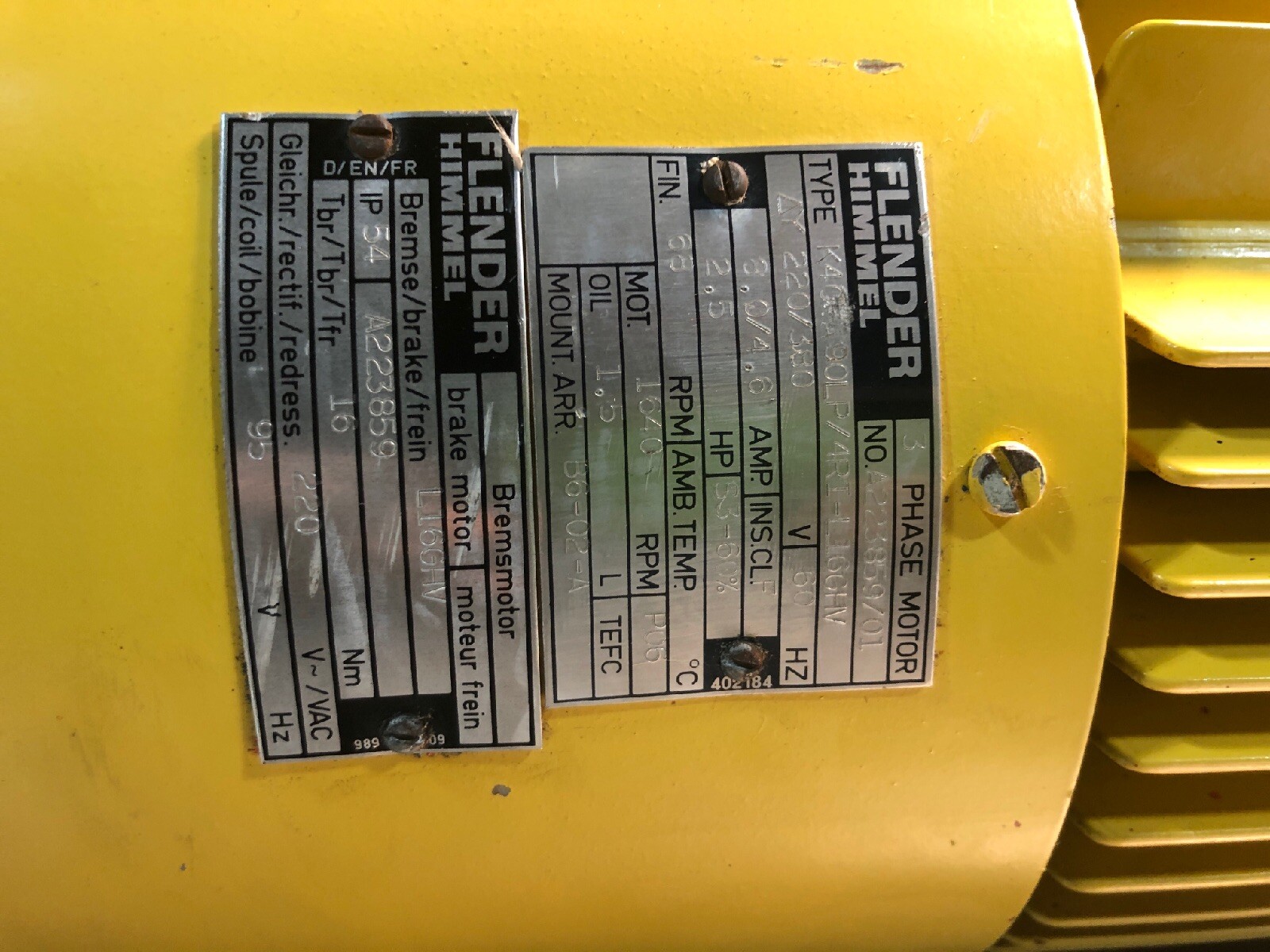 FLENDER Himmel Brake MOTOR AND GEAR REDUCER 3 Ph 220/380V 1640 RPM 2.5 ...