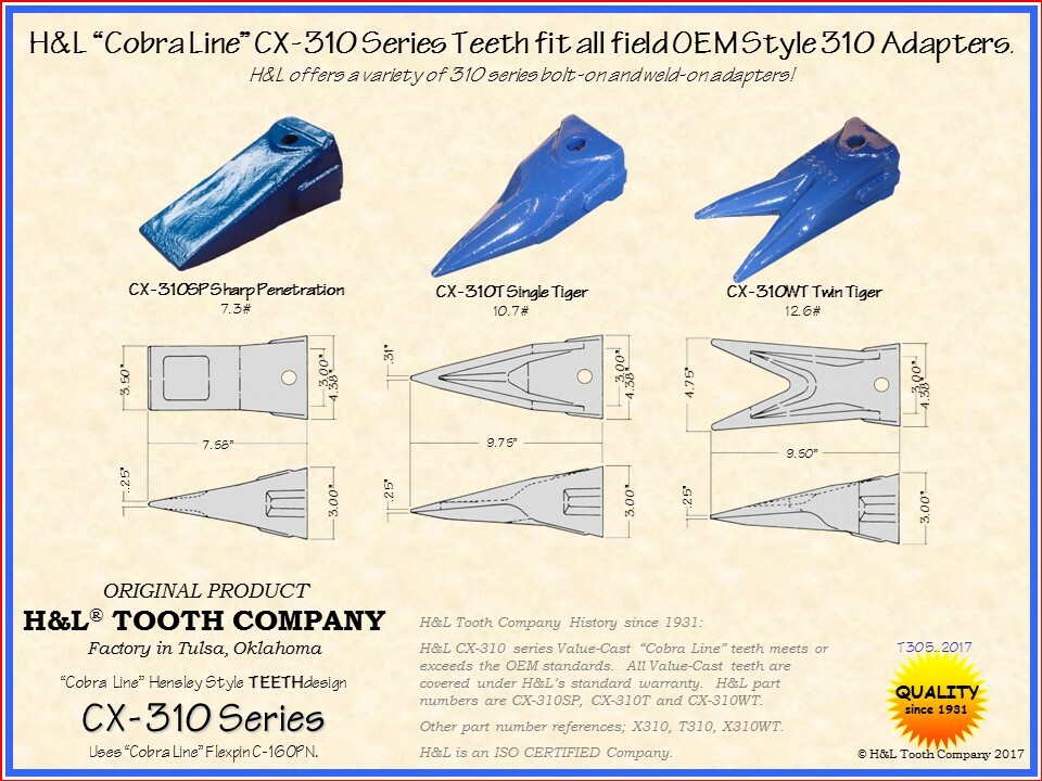 X310, X310SP Hensley Style Bucket Teeth (5 Pack) + Pins by H&L Tooth Co ...