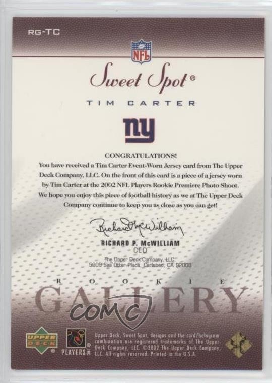2002 Upper Deck Sweet Spot Rookie Gallery Jerseys Tim Carter #RG-TC RC ...
